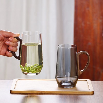 玻璃绿茶杯耐高温杯子透明办公室喝水H杯木把泡茶杯个人专用茶具