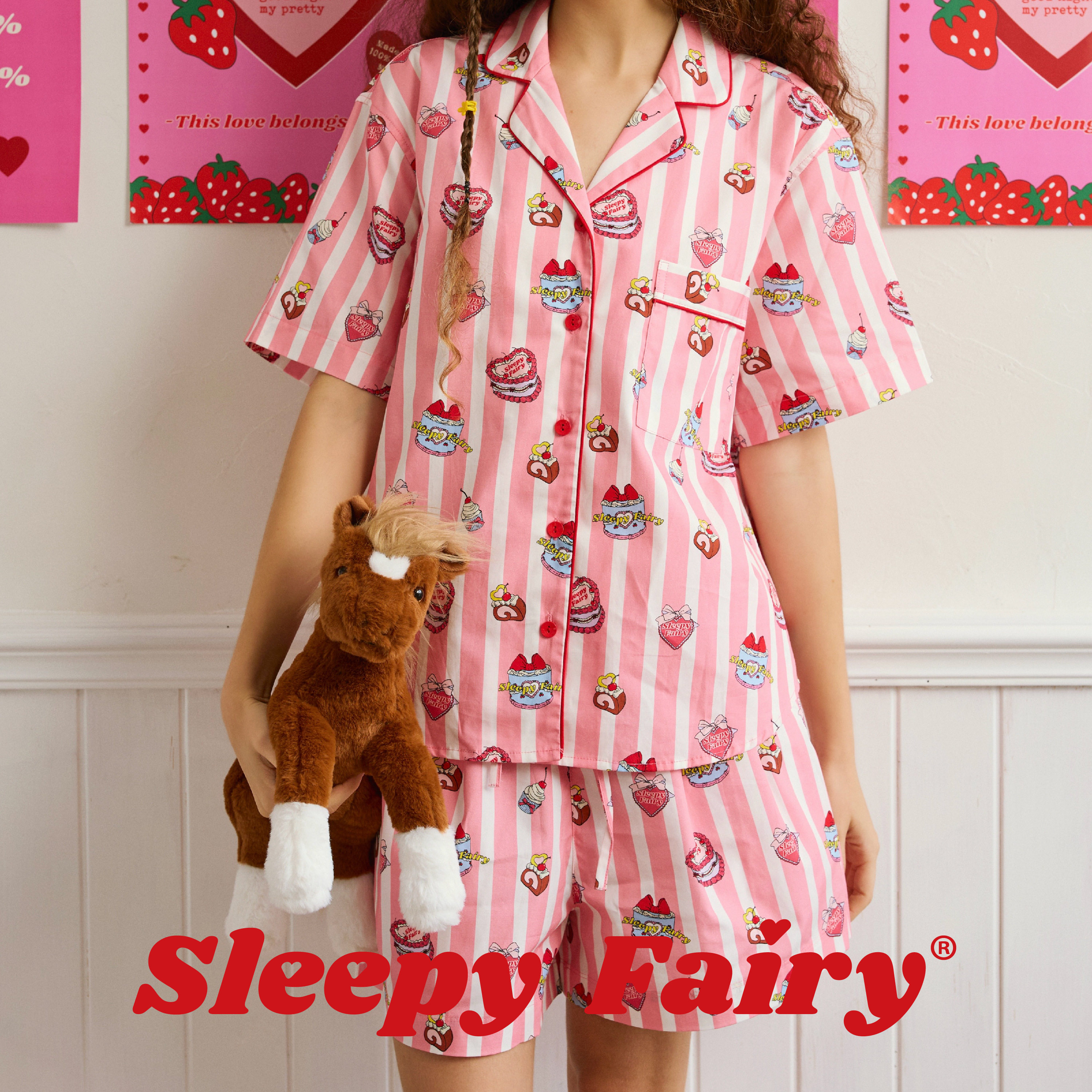 SleepyFairy生日蛋糕粉色条纹纯棉短袖短裤睡衣套装可外穿家居服