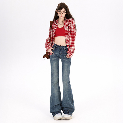 KAPOK0203美式高街水洗猫须低腰微喇裤女修身显瘦百搭垂感牛仔裤2