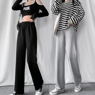 韩国灰色阔腿裤女春秋高腰垂感2025年新款宽松直筒运动休闲卫裤夏