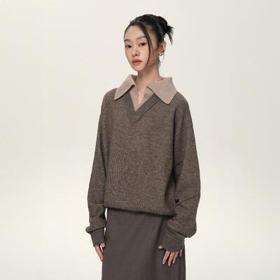 Set for life 24FW 羊毛双V领翻领拼色彩纱初秋薄款亲肤长袖毛衣