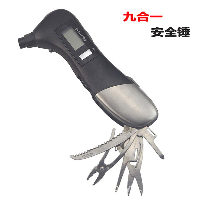 车载轮胎检测器九合一高精度数显胎表测气M压计安全锤手电筒工具