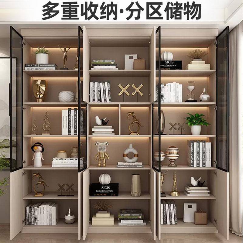 轻BJE书柜书架体一组合带玻璃门定制储物柜家用整墙落奢地实木书