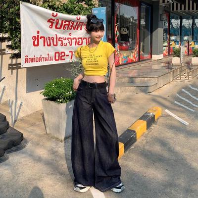 弄格2025春季新品复古宽松阔腿牛仔裤女加绒显瘦垂感拖地长裤子潮