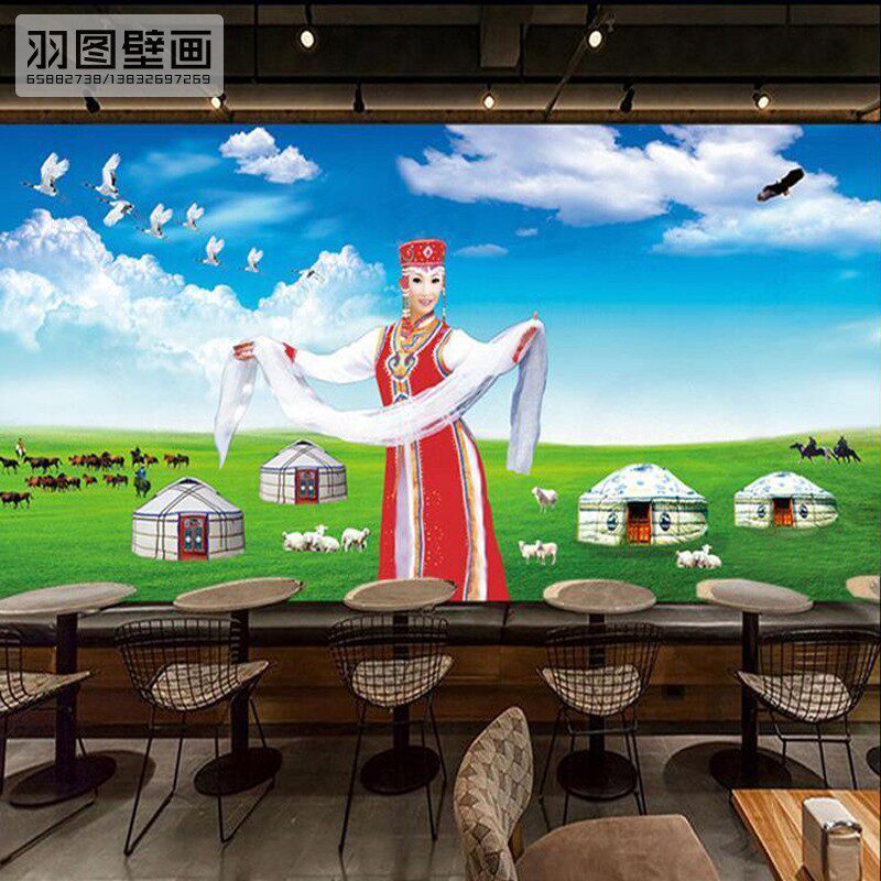 内蒙古草原风景牛羊肉店火锅烧烤饭店壁纸壁画无缝壁布背景墙纸
