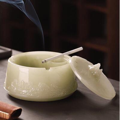 创意个性号JIE高档雕山峦烟灰缸大茶带盖防飞灰烟浮缸几摆件茶具