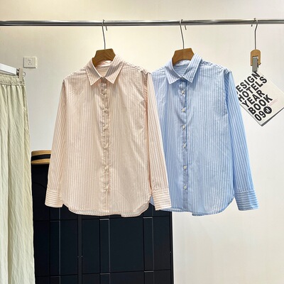 UINQUT/女装条纹衬衫/长袖衬衣休闲宽松上衣百搭简约通勤479079