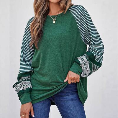 Women's Striped Round Neck Raglan Lantern Long Sve Pullover