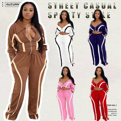 Colorblock Zipper Shirt & Wide-Leg Pants Set Casual Sporty