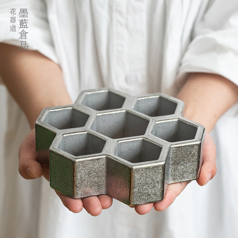 墨蓝色的花d器特大七宝插花器 日式花道插花树枝固定器不锈钢剑山