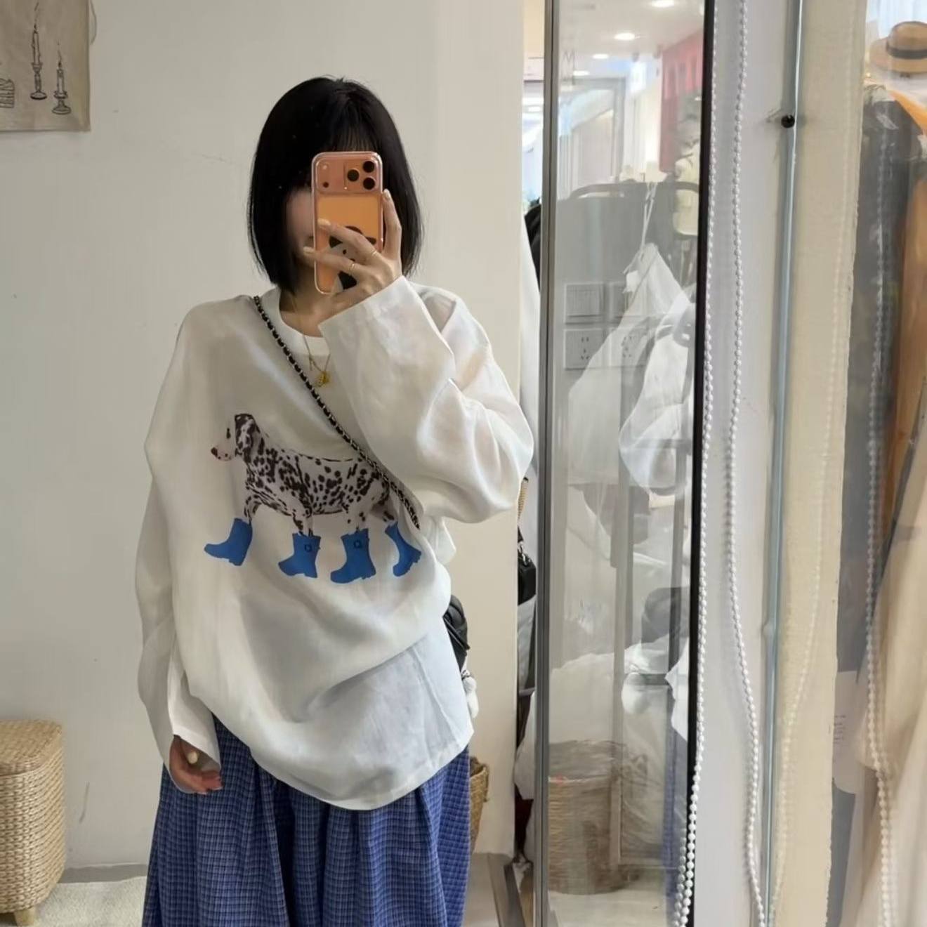 白色美式麻料小狗印花长袖T恤女宽松休闲百搭+裤子62398