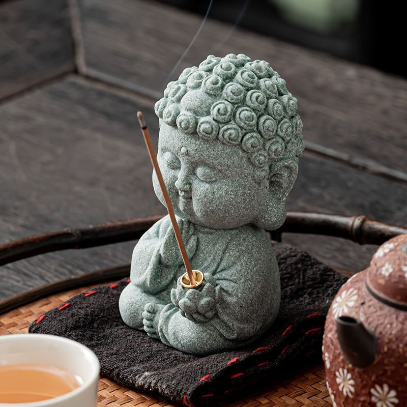 中式小如来禅意青砂石茶宠茶玩茶台摆件创意线香插香器桌面装饰品
