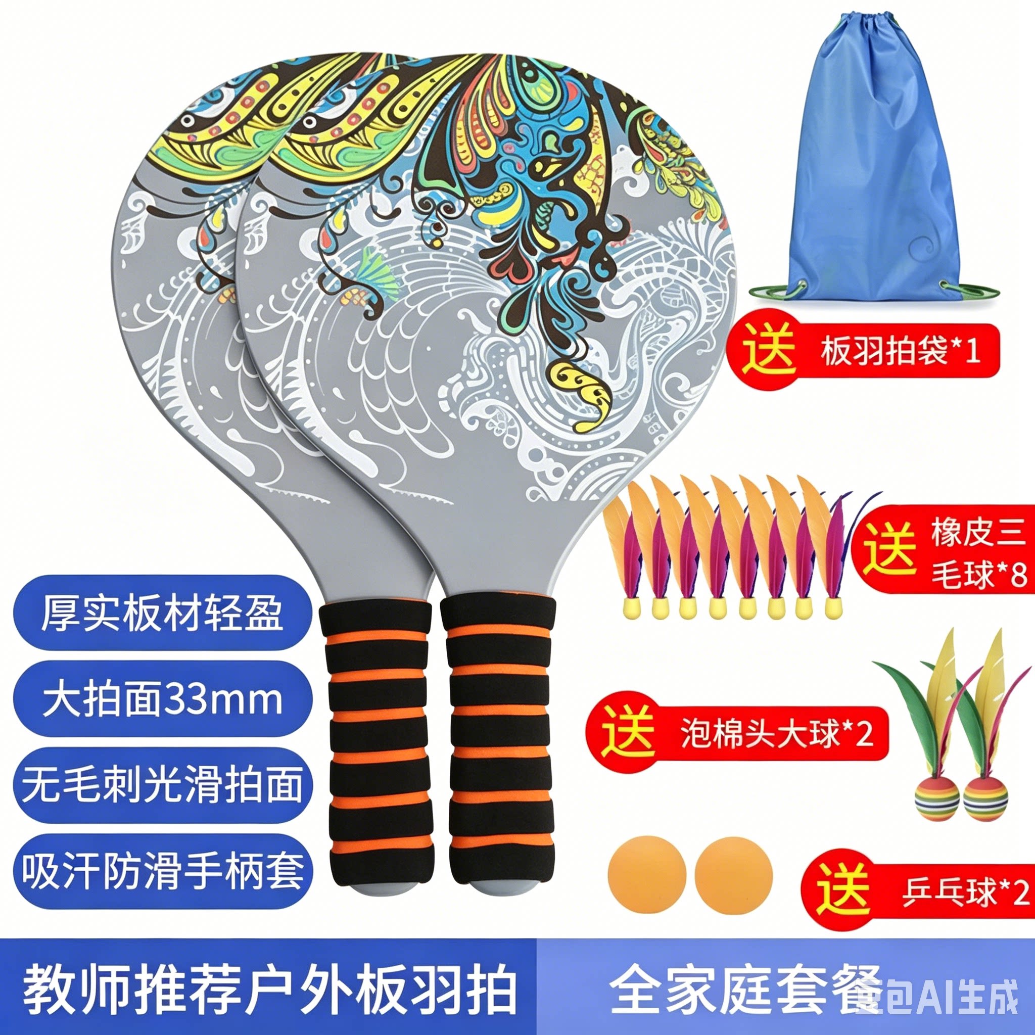 板羽球套装毽子球拍室内羽毛球拍儿童成人健身运动三毛球带板球拍