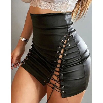 High waisted cross tied half body shor skirt高腰交叉绑带短裙