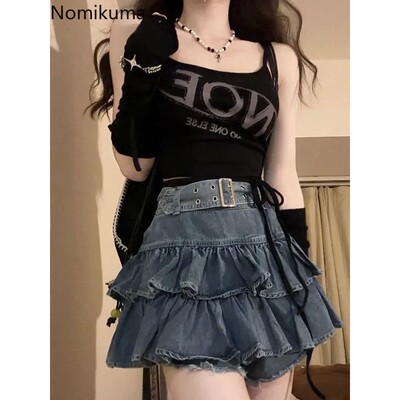 Double layered ruffled denim short skirt双层荷叶边牛仔短裙女