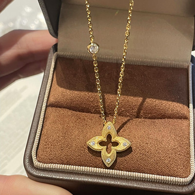 镂空拉丝四叶草项链 女纯银镀18K黄金色镶钻幸运草锁骨链时尚礼物