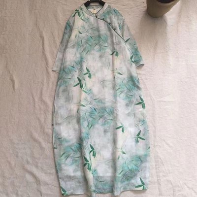 速发式中斜襟苎麻旗袍长裙亚字连衣裙2024款遮肉a麻裙子