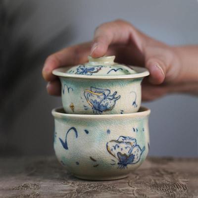 故事陶瓷可可手绘粉陶粘土梦蝴蝶布袋盖碗叠叠绿色点金盖碗开片