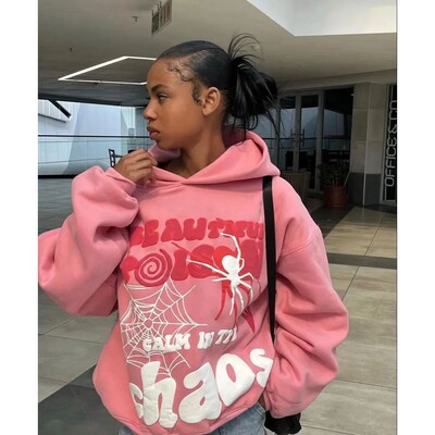 Spider web printed loose hooded sweatshirt蜘蛛网印花连帽卫衣