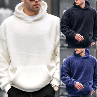 pullover with plush long sleeved hoodi纯色套头加绒长袖连帽衫