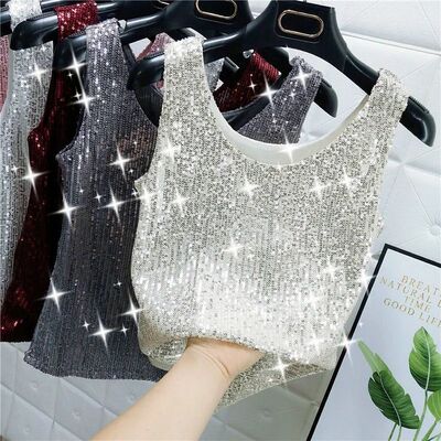Round neck sequined sleeveless top for woman圆领亮片无袖上衣