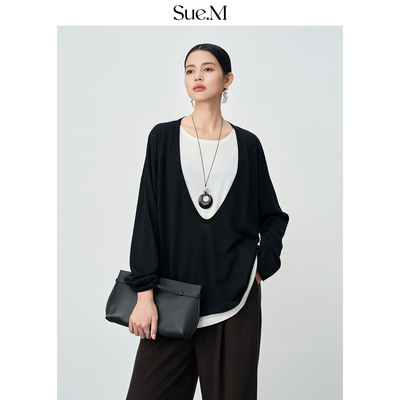 Sue.M 2025新款纯羊毛毛衣宽松v领针织衫女假两件叠穿长袖上衣女
