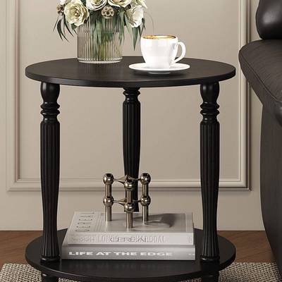 QHE复古风实木几沙茶水柜双层边柜家用厅小户型圆形客发茶几小桌