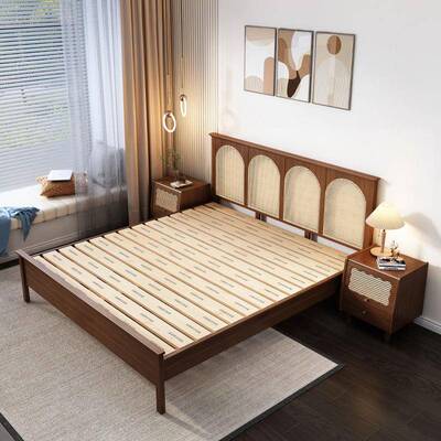 复5古风全木藤编床1米双OAR人床架主卧室中古美法式1.8大民宿实藤