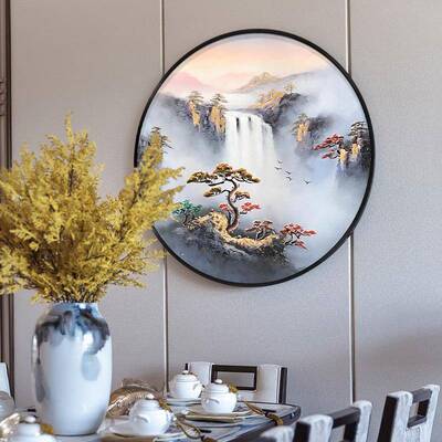 SIK新中装式入户正对6墙挂画客厅玄关F7665768带灯圆形饰画绘山水