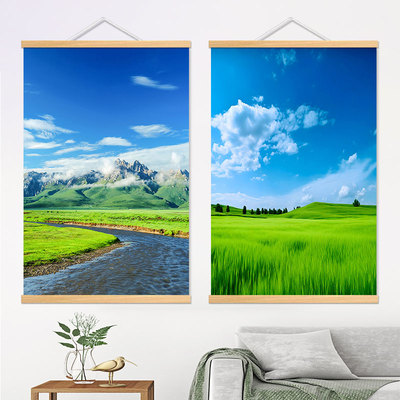 草地蓝天白云内蒙古大草原装饰挂画自然风景背景玄关客厅餐厅挂轴