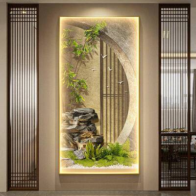 新中式松柏图玄关装饰迎UEE客松走画生廊过道挂画户流水财入带灯