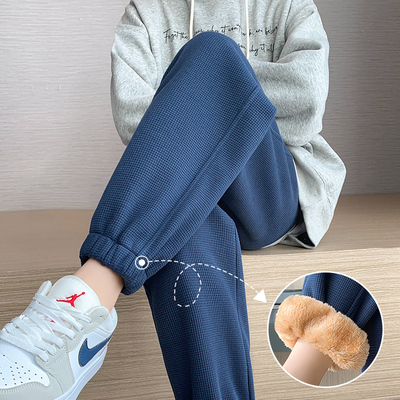 速发华筒厚运动裤秋冬季加绒加格羊羔绒直夫小个子宽松束脚休闲卫