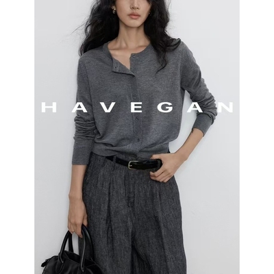 与间HAVEGAN/秋季圆领长袖针织开衫女薄款外穿宽松慵懒老钱风上衣