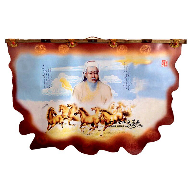 蒙古皮画内蒙特色工艺品横版成吉A思汗草原挂画壁蒙古包餐厅装饰