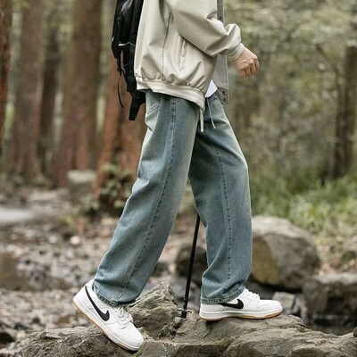速发美式街古工装牛仔裤男春高复痞帅青少年筒码宽松直大裤子