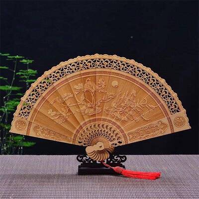 CYF25032楠品崖丝柏木雕扇子镂空精金美工艺折扇夏日新款扇子景区