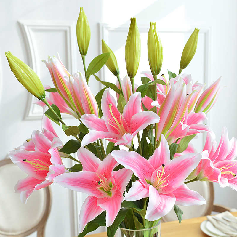 仿真花百合高枝装饰花假花绢花客厅摆设餐桌轻奢高端花艺花束摆件