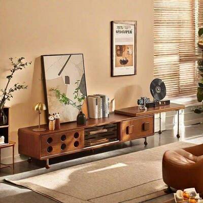 组合法式复古客厅中伸实木型电视柜小ATP户落地家用收缩纳新柜古