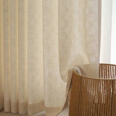 半KTB夏慵懒风格子编织厅肌纹亚麻纱原帘木理中古风客书房阳台窗