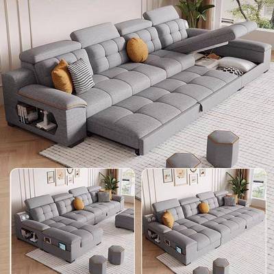 棉麻布艺沙厅新款发简约大小户BDJ型沙床两用多功客能伸缩抽拉发