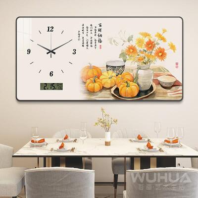 百财纳XY752407福餐装饰画壁万年历电子钟新中式静音表挂钟客厅厅