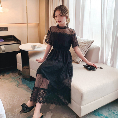 2021新款夏季网纱拼接收腰蕾丝短袖连衣裙女显瘦中长款过膝长裙子