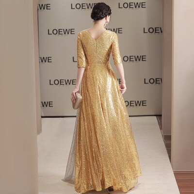 新款高端大合唱团演出服女金色晚礼服年会长裙走秀主持人表演服装