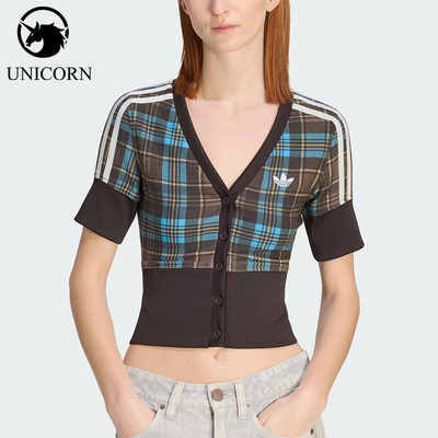 Adidas/阿迪达斯正品三叶草女士格纹纽扣经典运动V领短袖KW4548