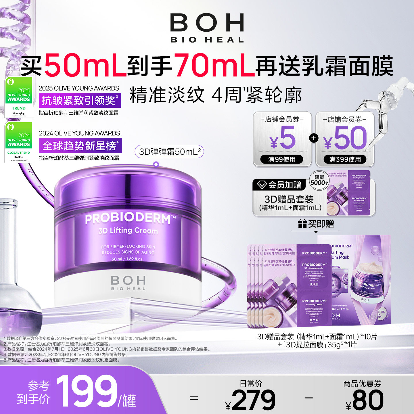 BOH韩国酵萃三维弹润紧致淡纹面霜50ml抗皱保湿肌肤秋冬