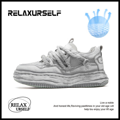 RELAXURSELF夏季透气潮鞋擦色男鞋百搭休闲运动小白鞋情侣增高鞋