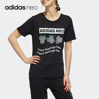 Adidas/阿迪达斯正品NEO女士圆领日常休闲印花透气T恤EI4554