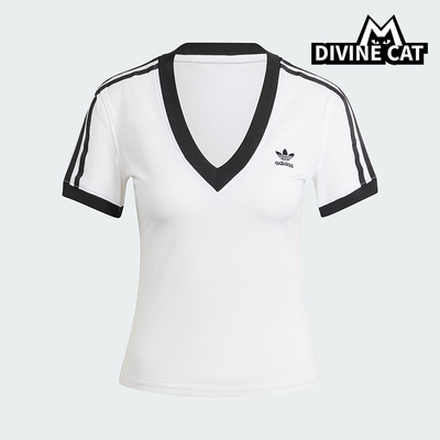 Adidas/阿迪达斯正品三叶草女士条纹V领透气短袖T恤IR8114