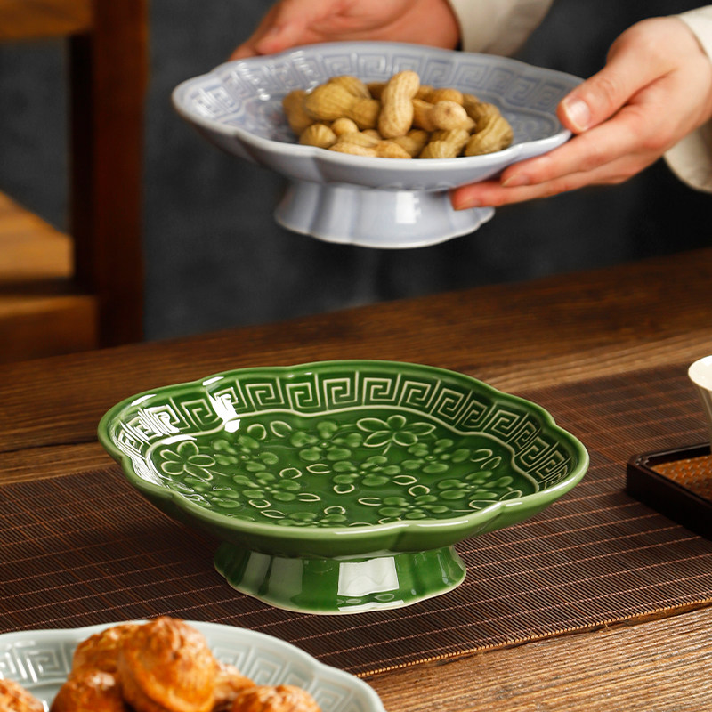 陶瓷高脚盘中式复古茶点盘家用供果果盘下午茶零食糕点盘日式托盘