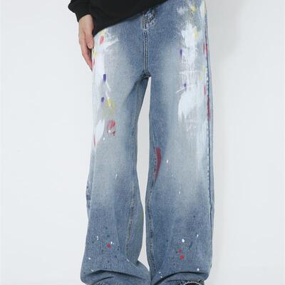 明星同款 Voguo Relay 小众设计感涂鸦宽松直筒中腰牛仔裤男女